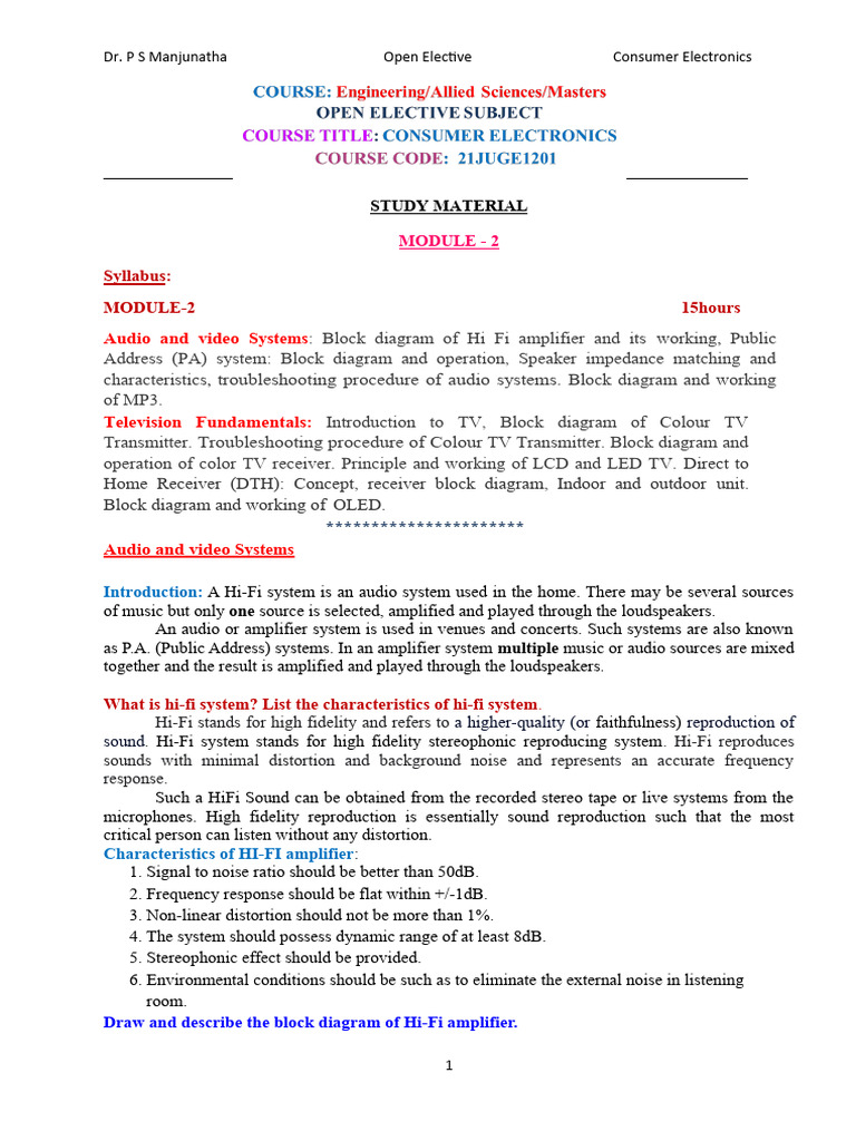 Consumer Electronics Study Material Module-2 - Part-1 | PDF | Data Compression | Loudspeaker