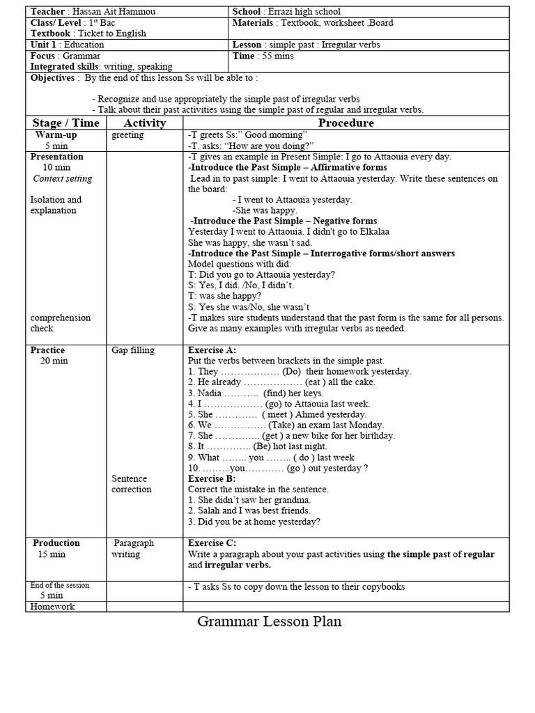 Simple Past Irregular Verbs Lesson Plan | PDF | Language Mechanics ...