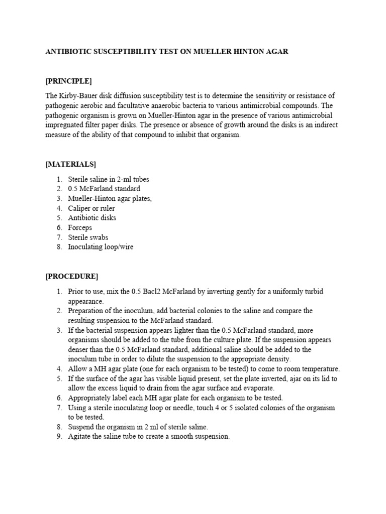 ANTIBIOTIC SUSCEPTIBILITY TEST ON MUELLER HINTON AGAR | PDF | Microbiology