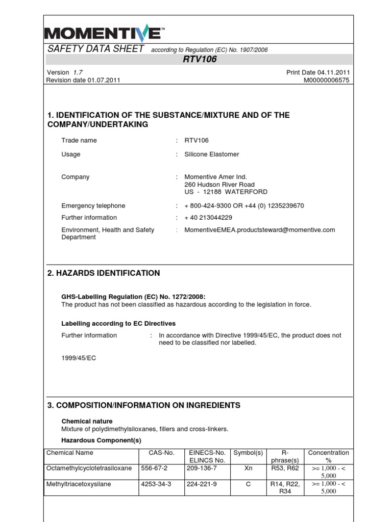 Safety Data Sheet for RTV106 Silicone Elastomer | PDF | Personal ...