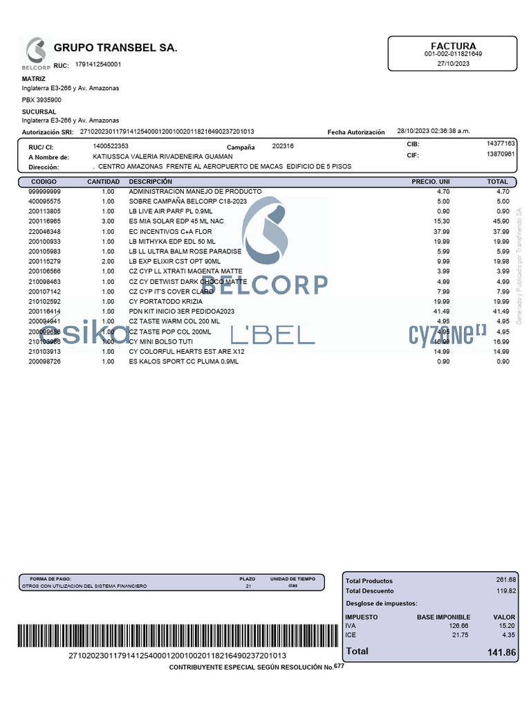 Factura de Productos - Transbel SA | PDF