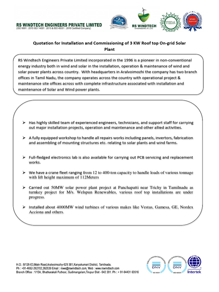 3KW Rooftop Solar Installation Quote | PDF | Solar Power | Photovoltaics