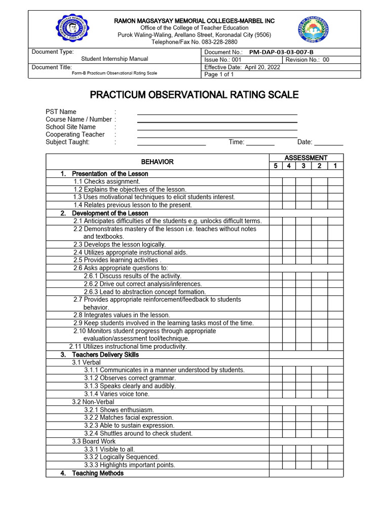 Practicum Observation Rating Scale | PDF | Teachers | Learning