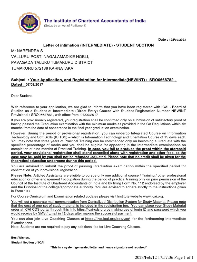 Letter of Intimation (INTERMEDIATE) - STUDENT SECTION | PDF | Career ...