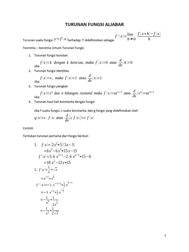 Rumus dan Teorema Turunan Aljabar | PDF