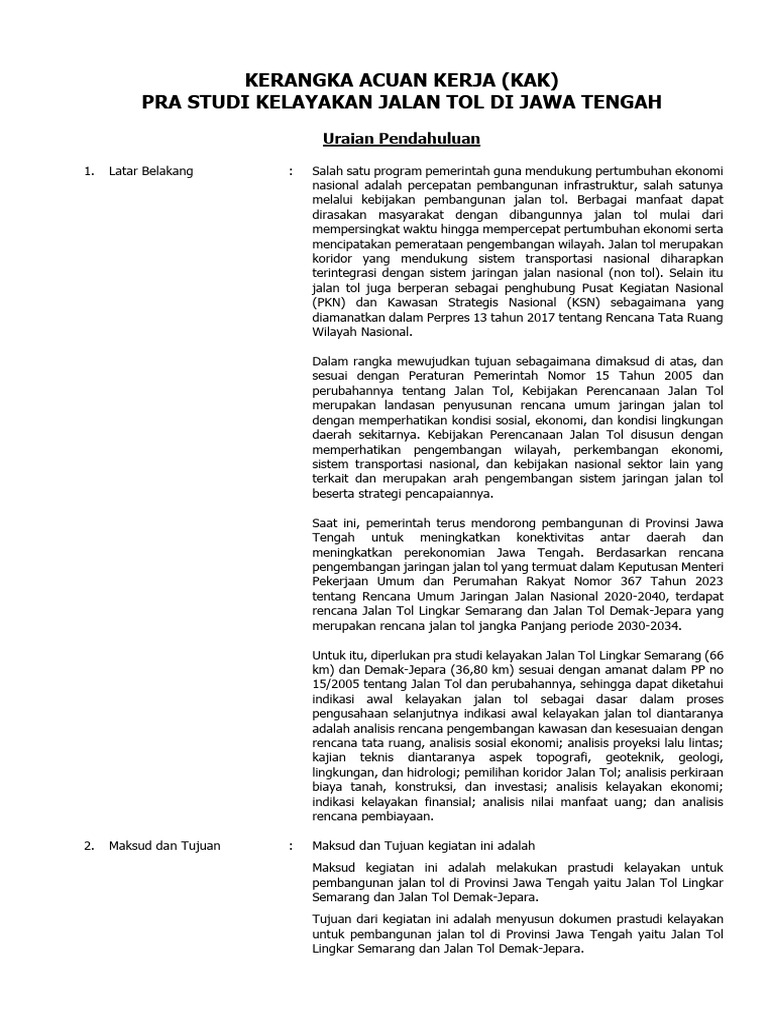 2024.02.21 Kak - Pra Studi Kelayakan Jalan Tol Jawa Tengah | PDF | Bisnis | Pengelolaan Keuangan ...