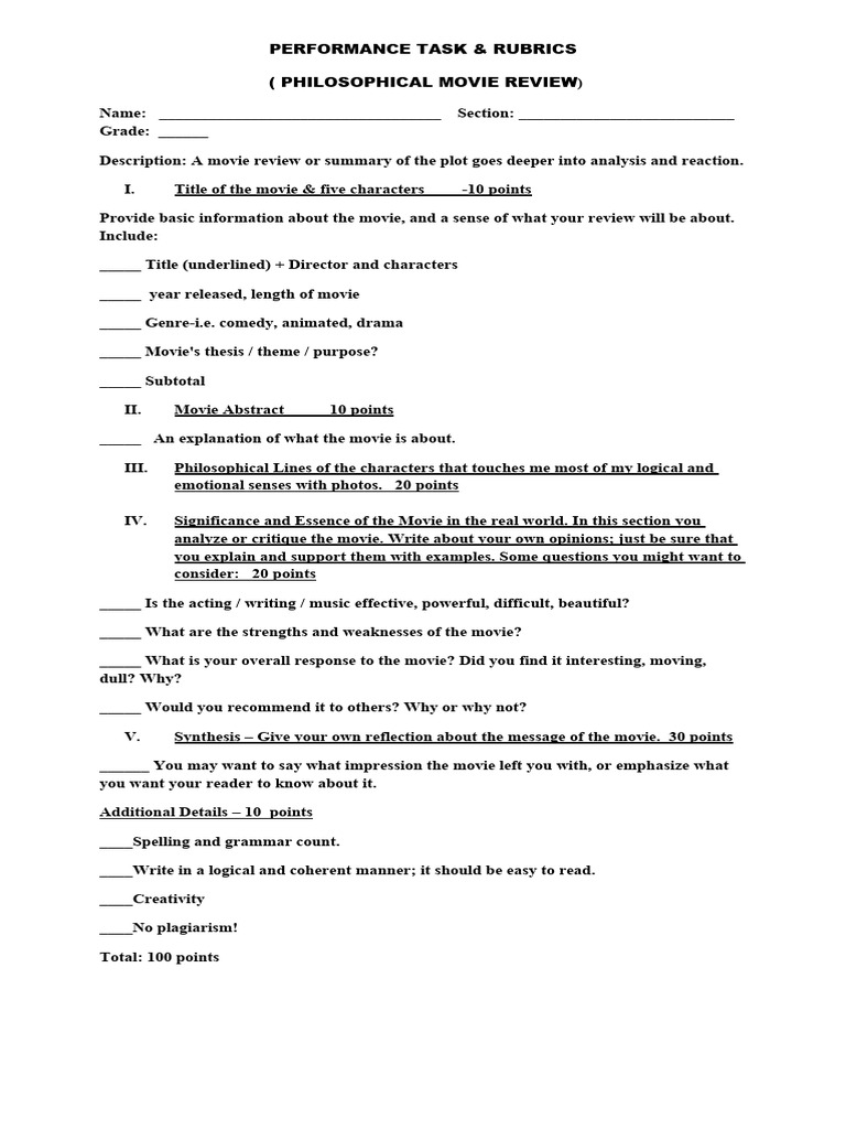 Rubric of Movie Review | PDF | Career & Growth
