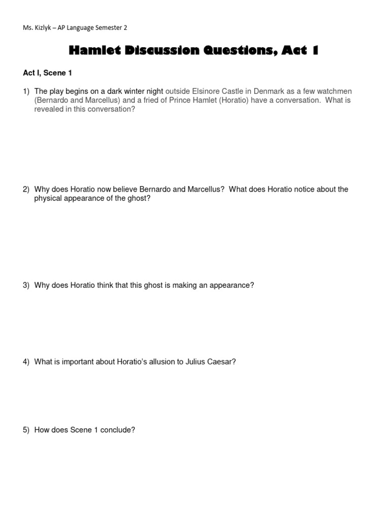 Hamlet Act 1 & 2 Discussion Questions | PDF | Hamlet | Shakespearean ...