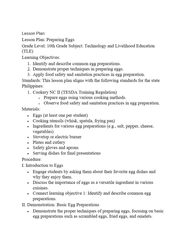 10th Grade Lesson Plan | PDF | Cooking | Food Safety