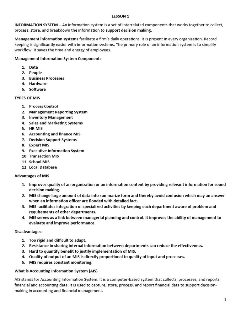 Lesson 1 MIS | PDF | Computer Network | Information System