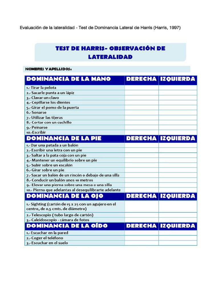Test Lateralidad Harris | Descargar gratis PDF | Handedness | Cognición