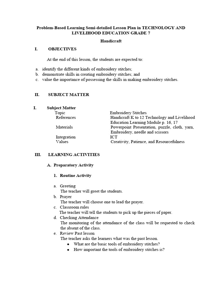 Problem-Based Semi Lesson Plan | PDF | Embroidery | Textiles