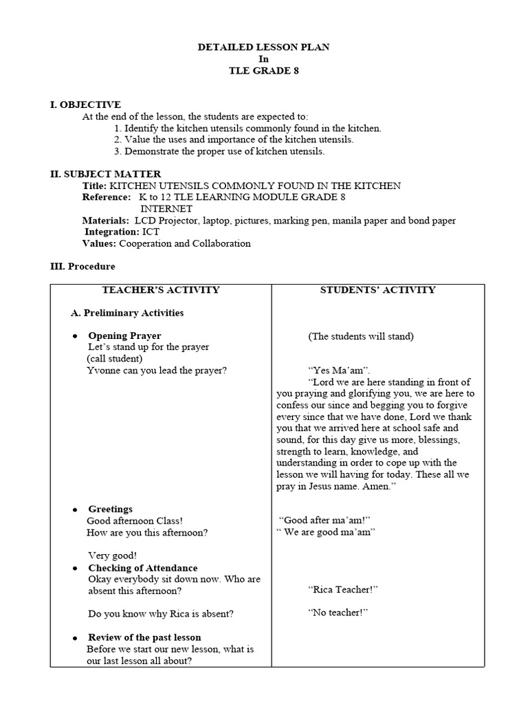 Detailed Lesson Plan in Tle Grade 8 | PDF | Spoon | Kitchen Utensil