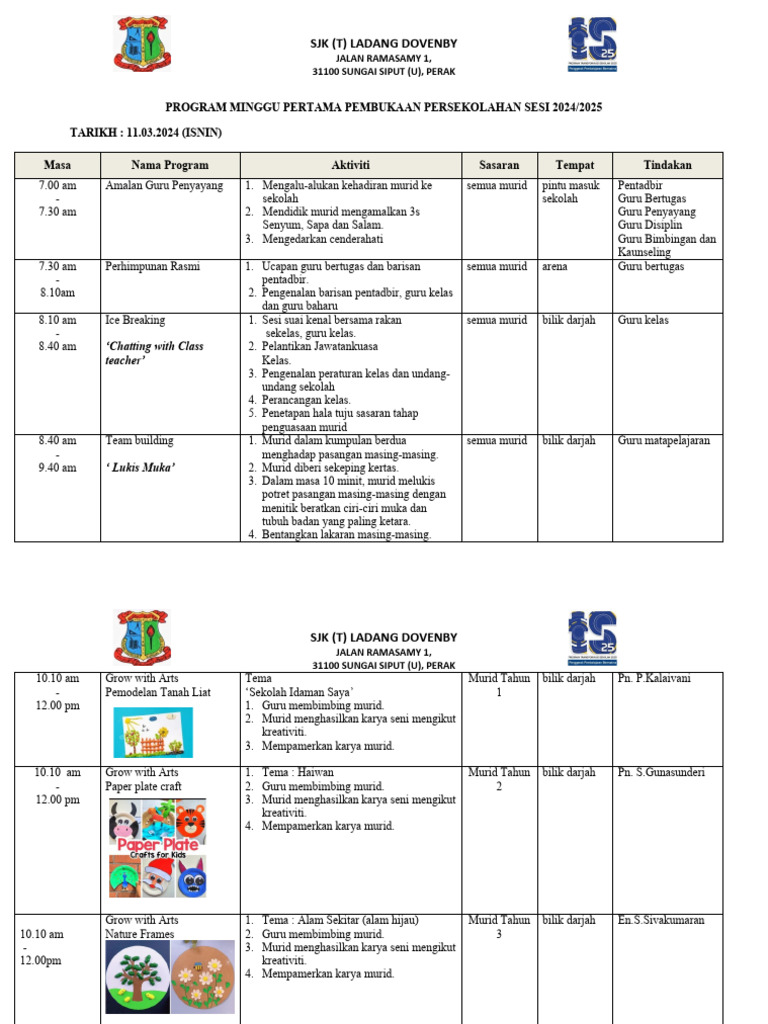 PROGRAM MINGGU PERTAMA PEMBUKAAN PERSEKOLAHAN SESI 2024 | PDF