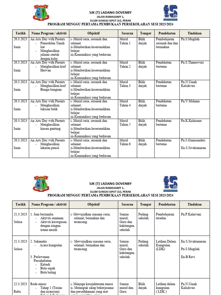 Program Minggu Pertama Pembukaan Persekolahan Sesi 2023 | PDF
