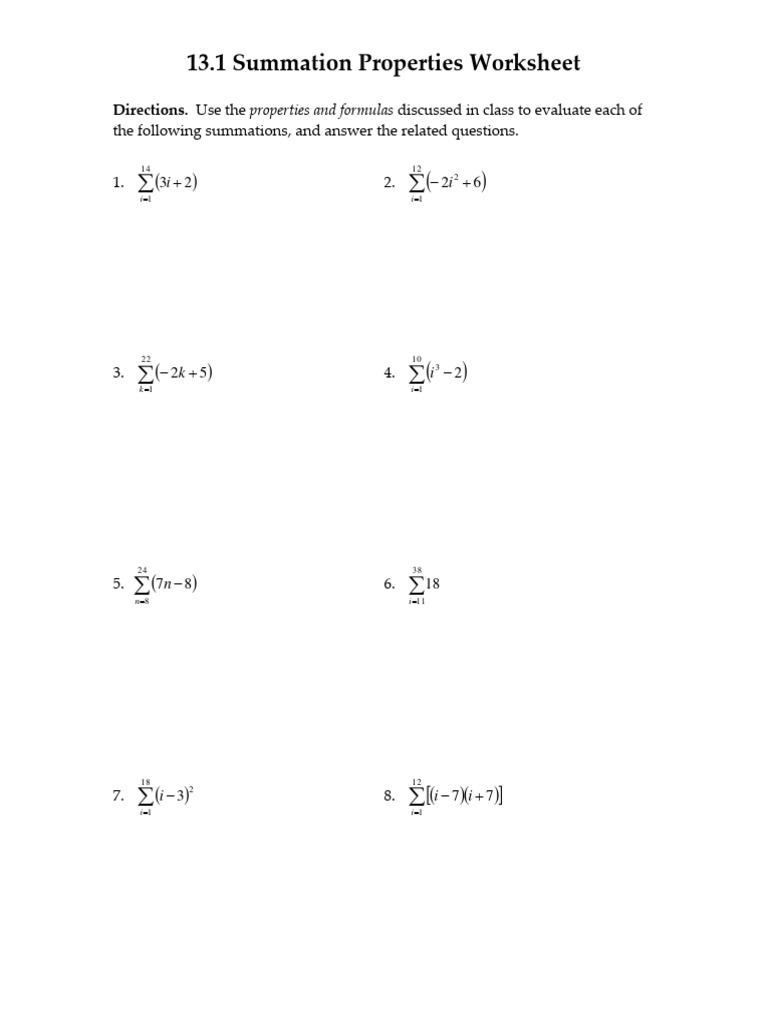 Summation Properties Worksheet | PDF