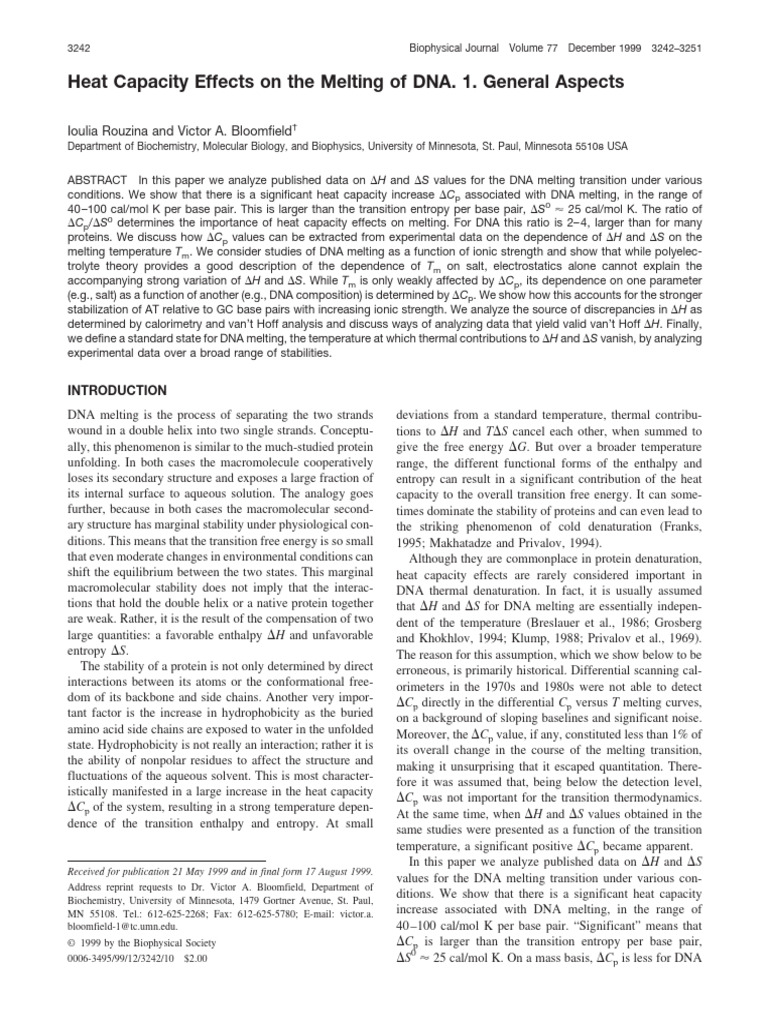 Heat Capacity Effects On The Melting of DNA. 1. General Aspects. | PDF ...