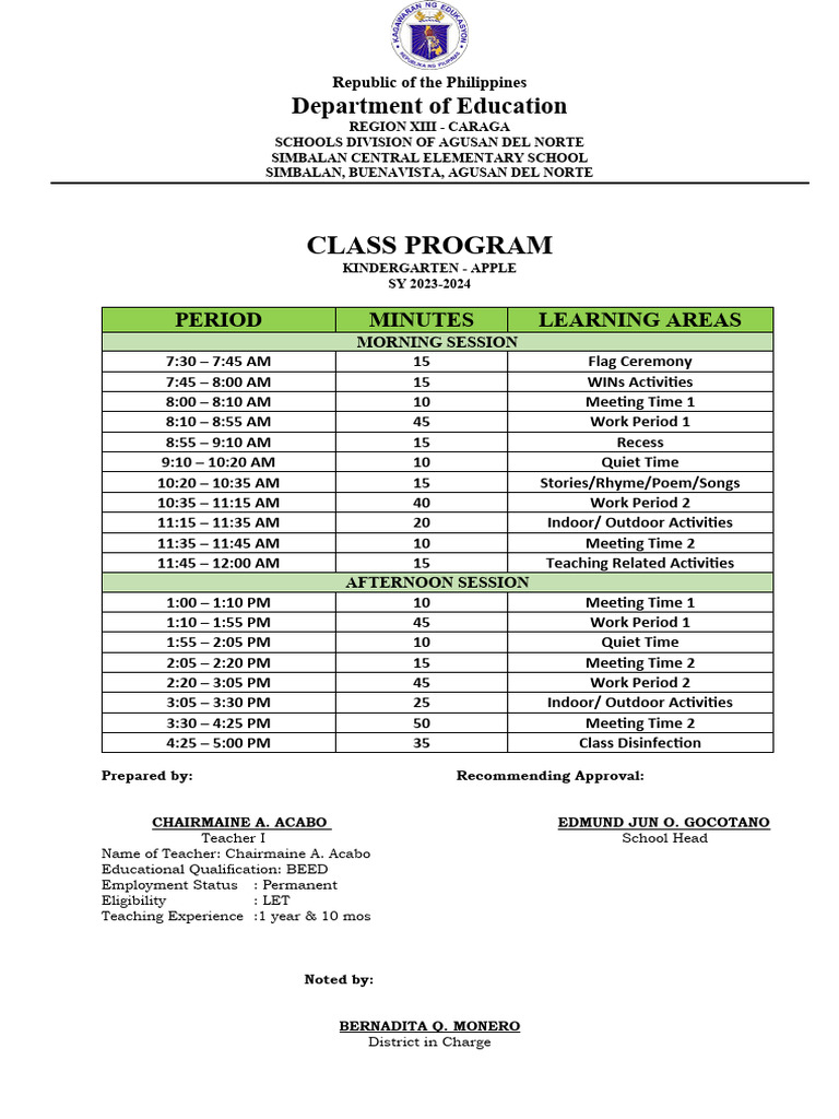 Class Program K To Grade 6 SY 2023 2024 | PDF | Teachers | Teaching