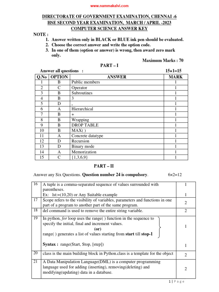 Namma Kalvi 12th Computer Science Public Exam 2023 Official Answer Key ...