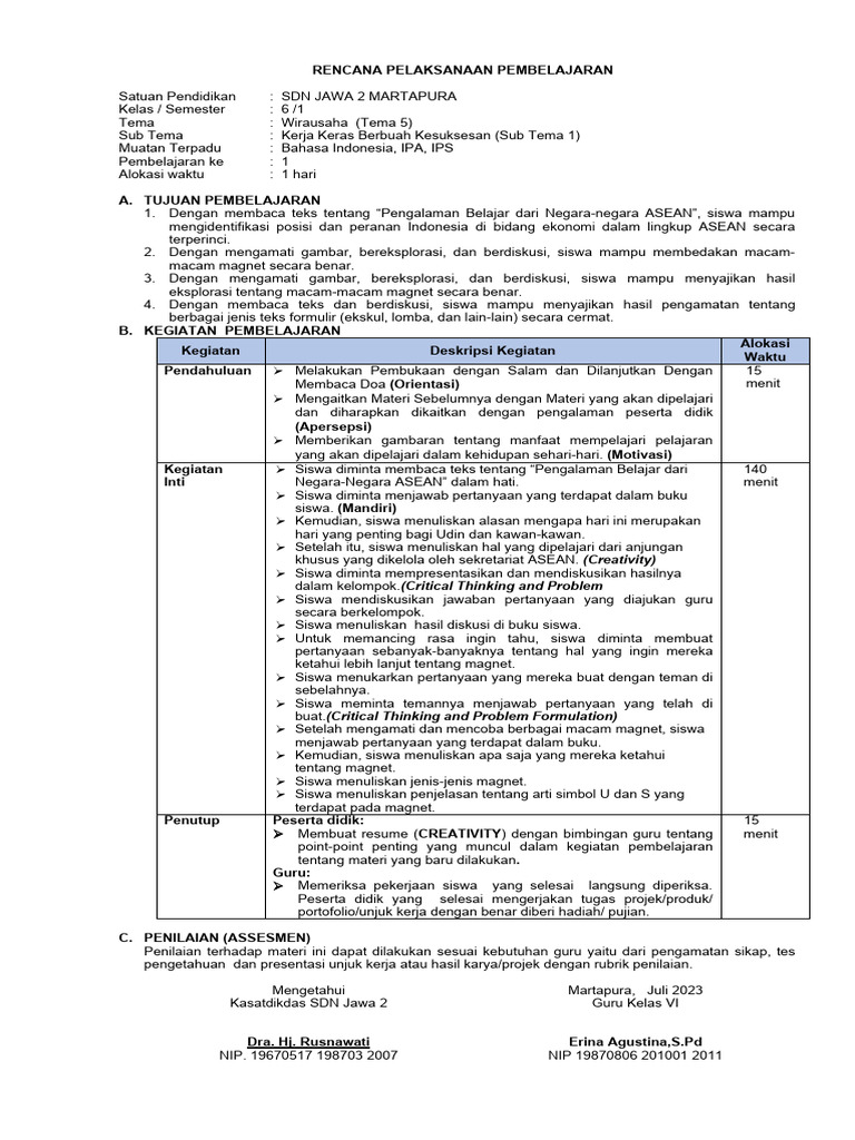RPP Tema 5 Kelas VI Erina Agustina | PDF