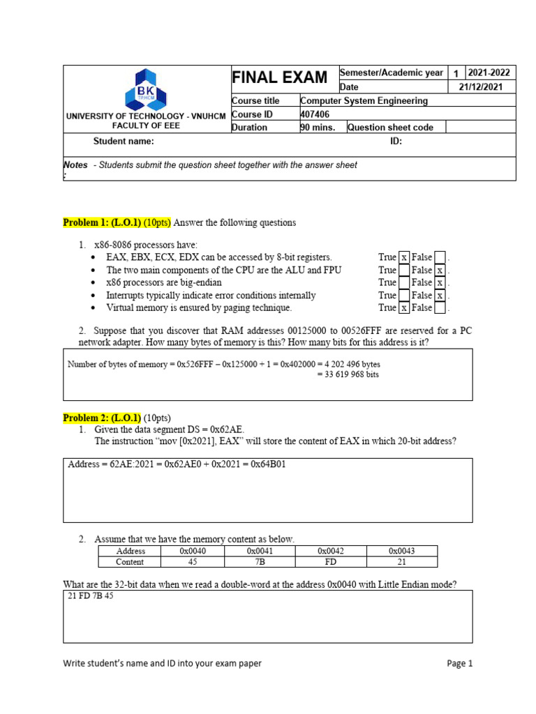 ECE391 Final 21-12-2021 Answer | PDF | Central Processing Unit | Computer Architecture