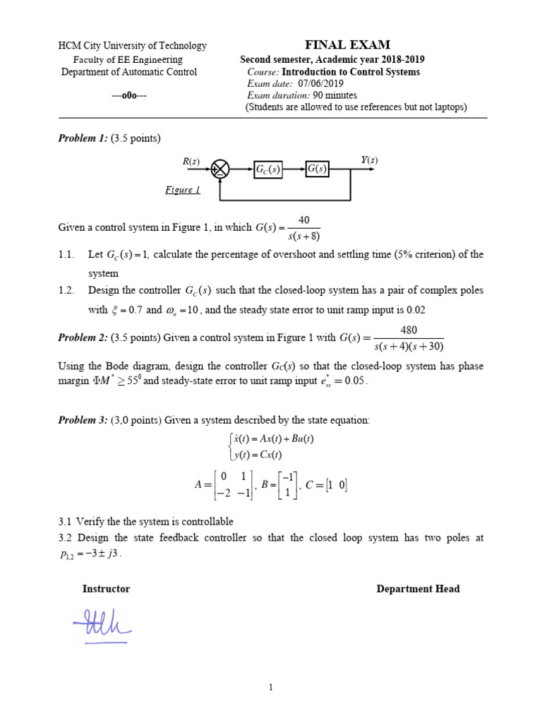 IntroCtrlSys - Final Exam - 2nd Semester - 1819 - Solution | PDF | Control Theory | Electronic ...