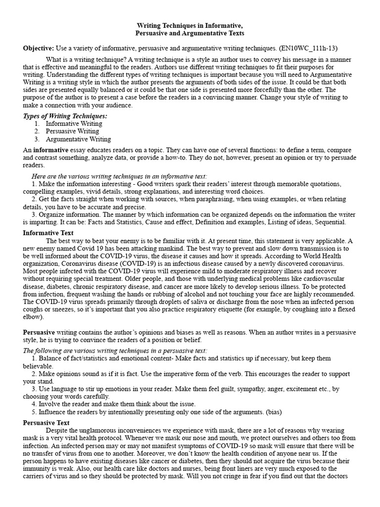 Writing Techniques in Informative Per Arg Texts - Handout | PDF ...