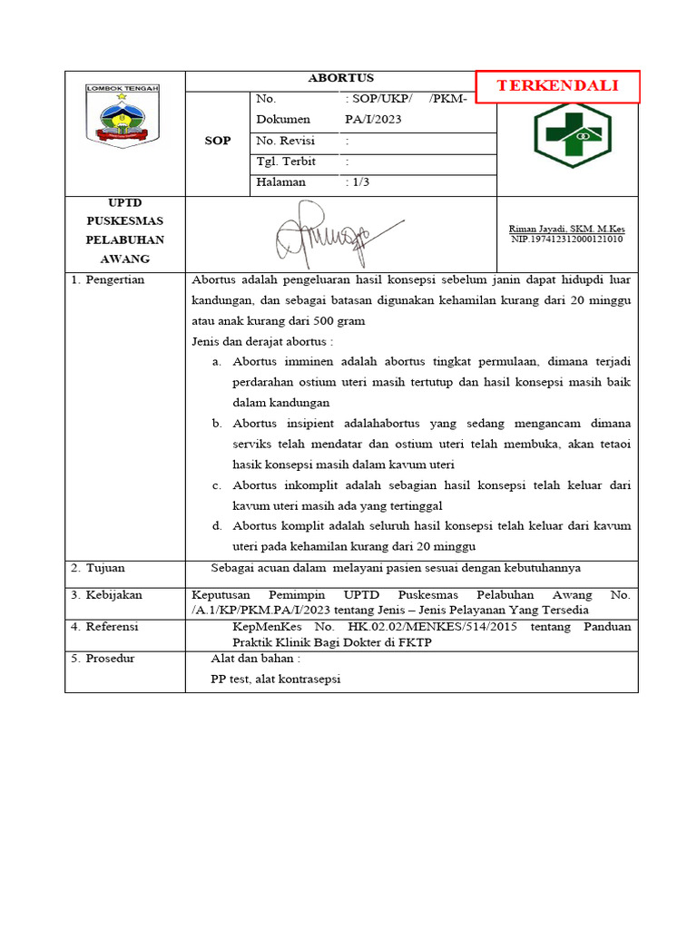 Sop Patologis - Abortus Dan KPD Fix | PDF