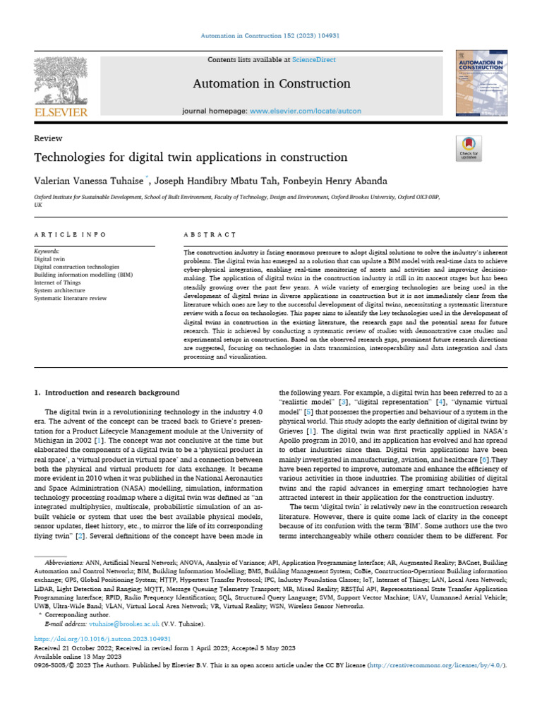 Technologies For Digital Twin Applications in Construction | PDF | Building Information Modeling ...