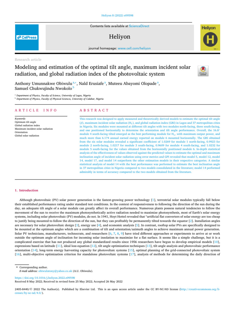 Modelling and Estimation of The Optimal Tilt Angle | Download Free PDF | Photovoltaic System ...