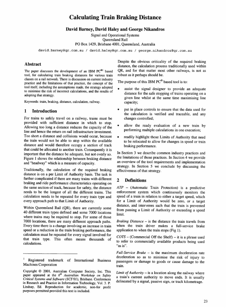 Calculating Train Braking Distance: David Barney, David Haley and ...