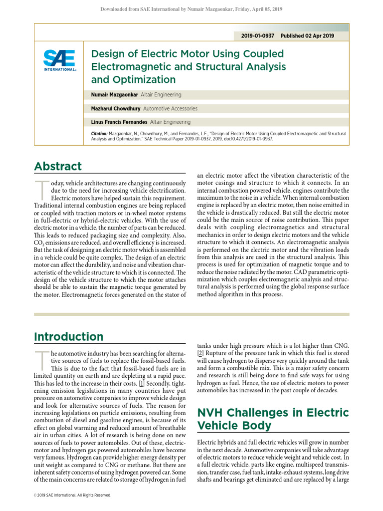 Design of Electric Motor Using Coupled Electromagnetic and Structural Analysis and Optimization ...