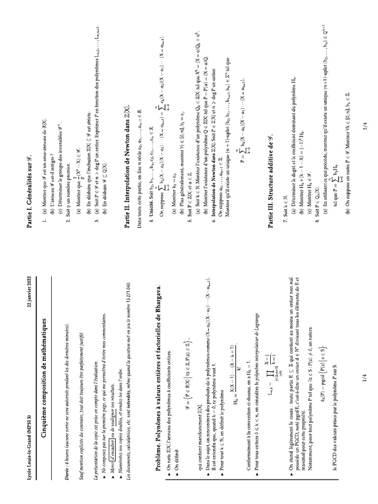 ds05 Polynomes Entiers Sujet | PDF
