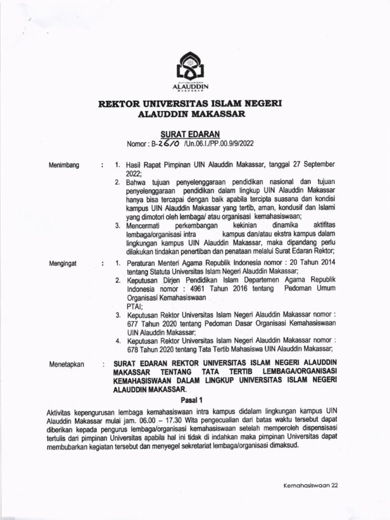 Surat Edaran Rektor Uin Alauddin Makassar Tentang Tata Tertib Lembaga Organisasi Kemahasiswaan ...