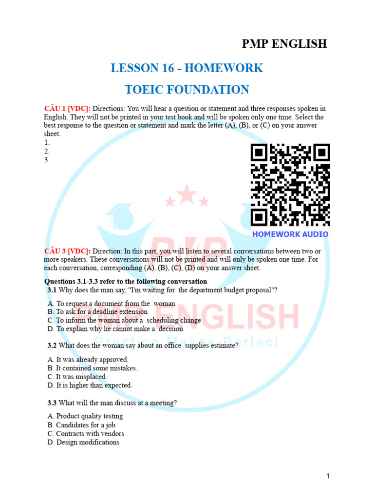 TOEIC Foundation Homework | PDF