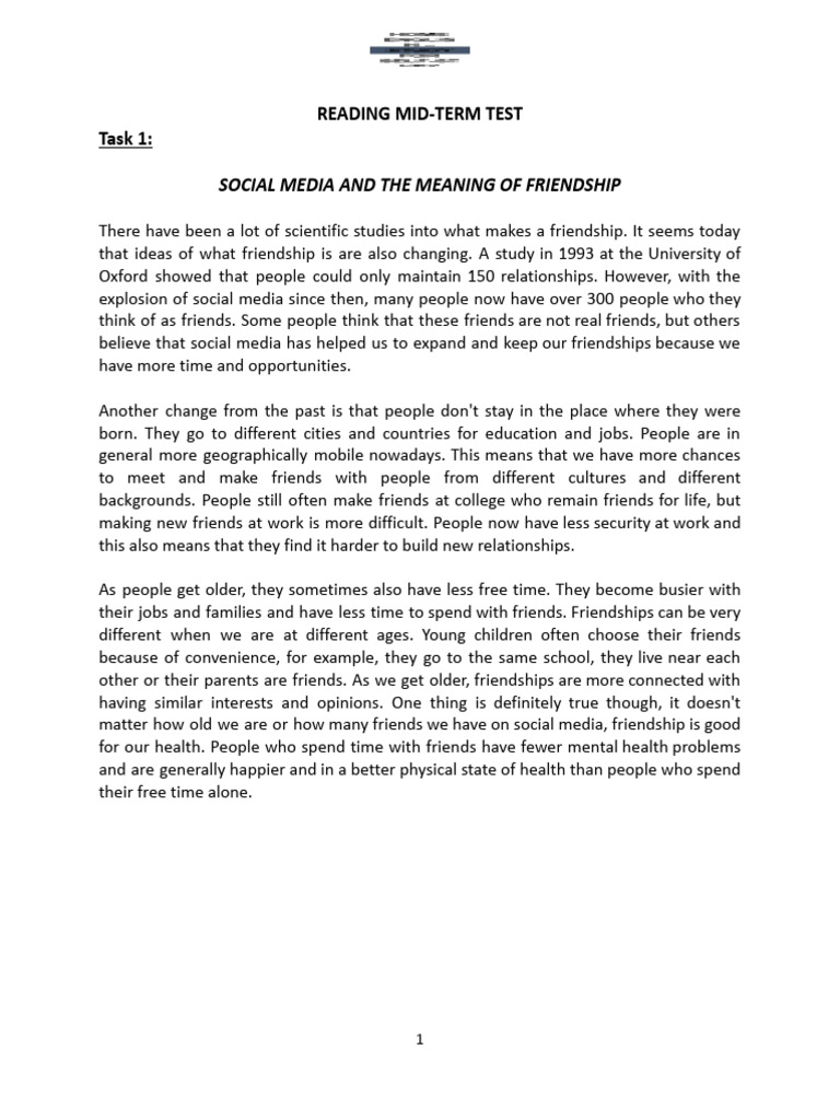 (Offline) Reading Mid-term Test - Junior (Đề 1) | PDF | Behavioural ...