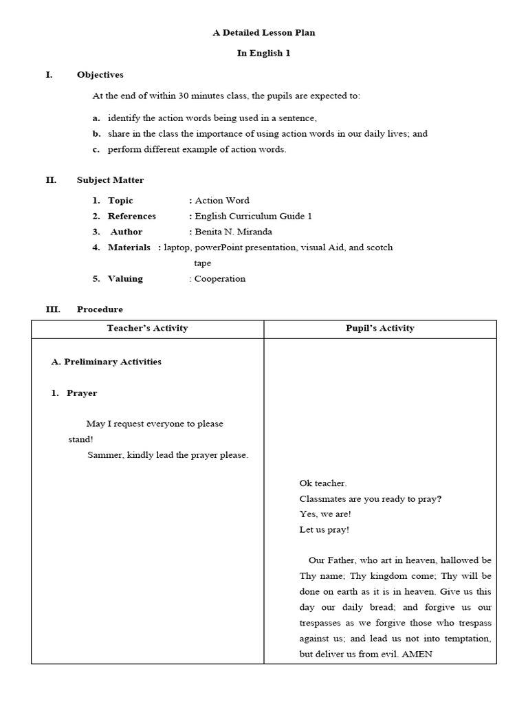 English 1 - Lesson Plan Demo | PDF | Lord's Prayer