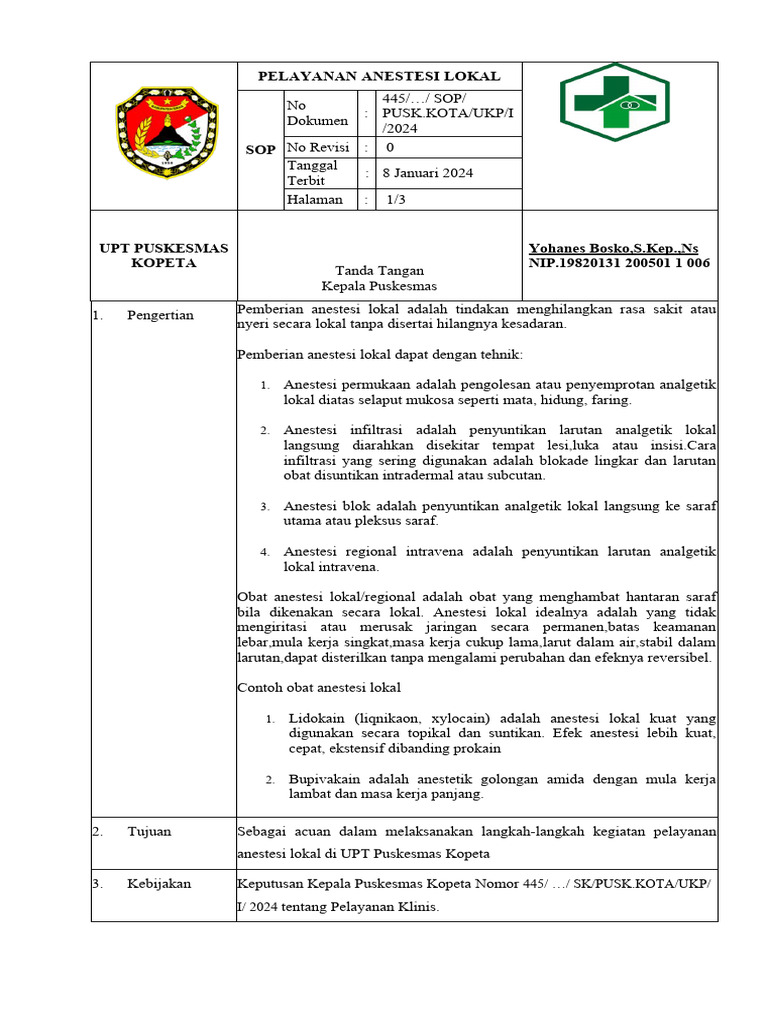 SOP Pelayanan Anestesi Lokal Puskesmas | PDF
