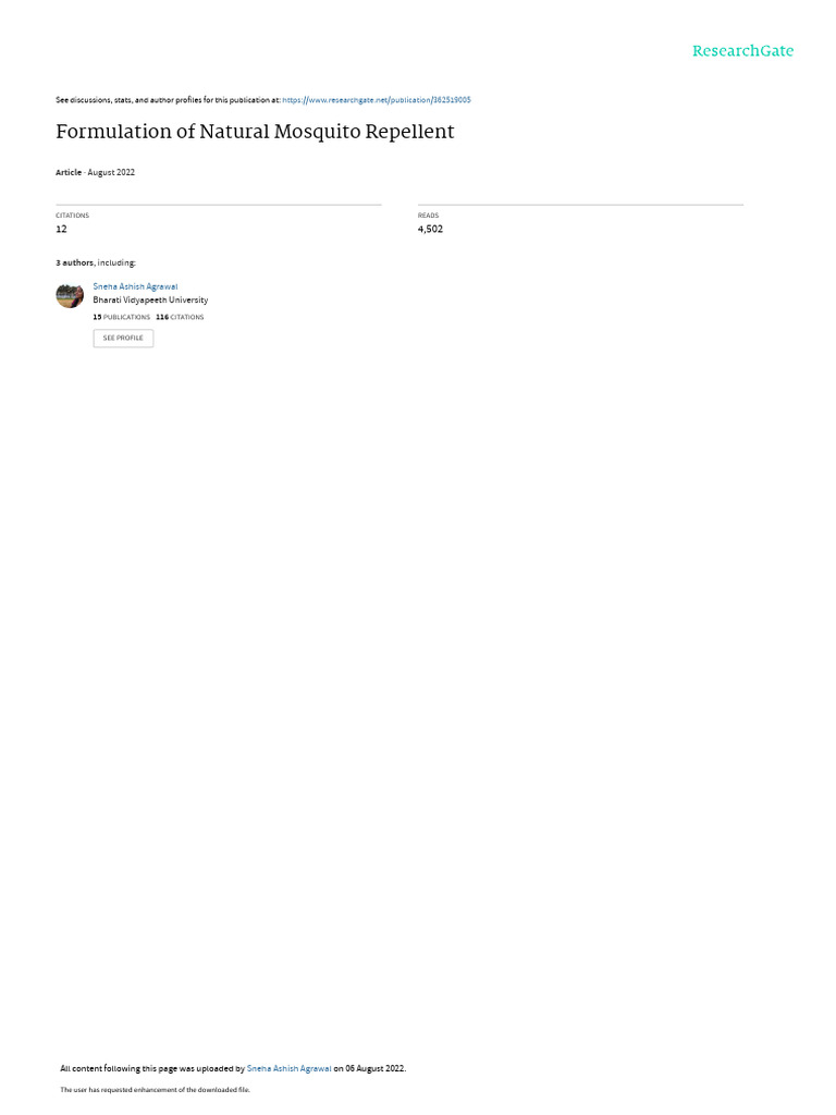 Formulation of Natural Mosquito Repellent: August 2022 | PDF | Mosquito | Turmeric