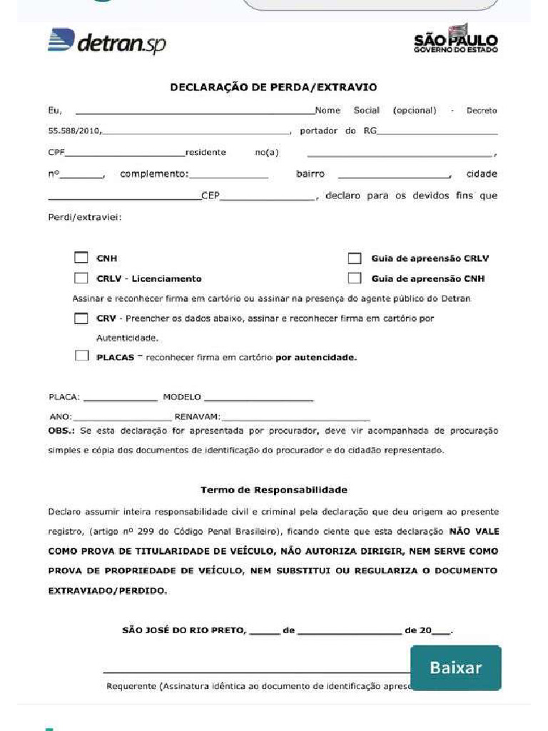 Declaração de Perda e Extravio Placas | PDF