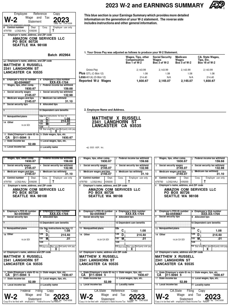 W2 Matthew Russell | PDF | Irs Tax Forms | 401(K)