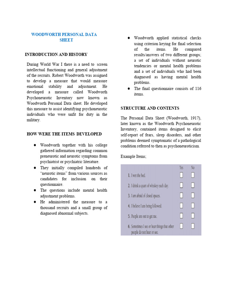 Woodworth Personal Data Sheet Handout | PDF | Mental Disorder ...
