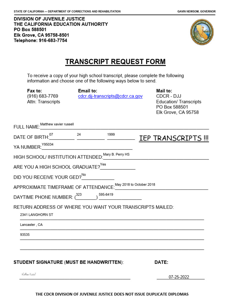 2019 DJJ Transcript Request Form | PDF | Telecommunications | Written ...