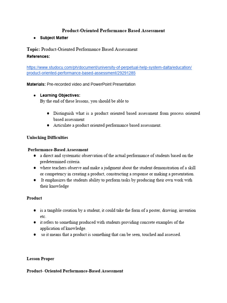 ED 107 - Product-Oriented Performance Based Assessment | PDF | Educational Assessment | Expert