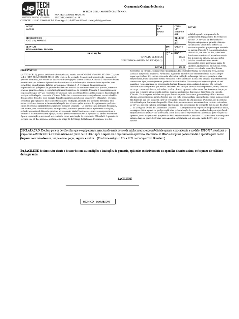 Modelo de OS Pronta | Download grátis PDF | Proteção ao consumidor ...