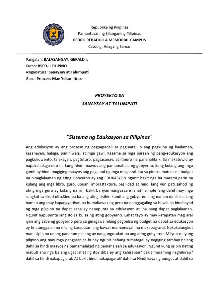 Paksa Sanaysay at Talumpati | PDF