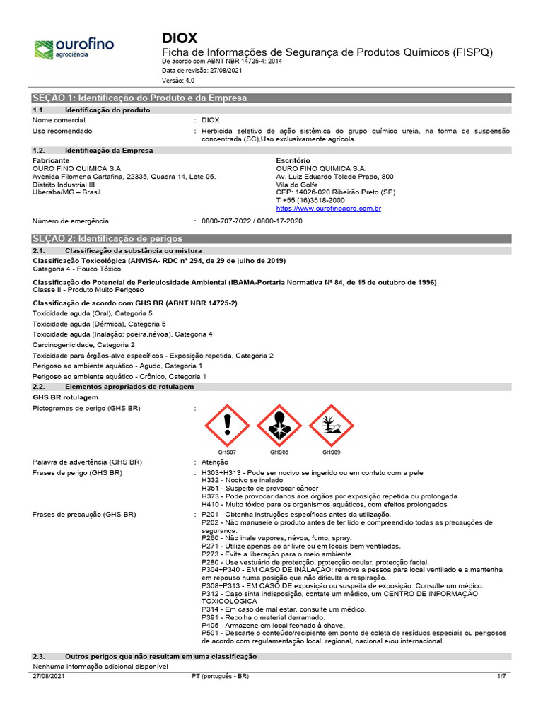 FISPq - DIOX | PDF | Primeiros socorros | Águas residuais