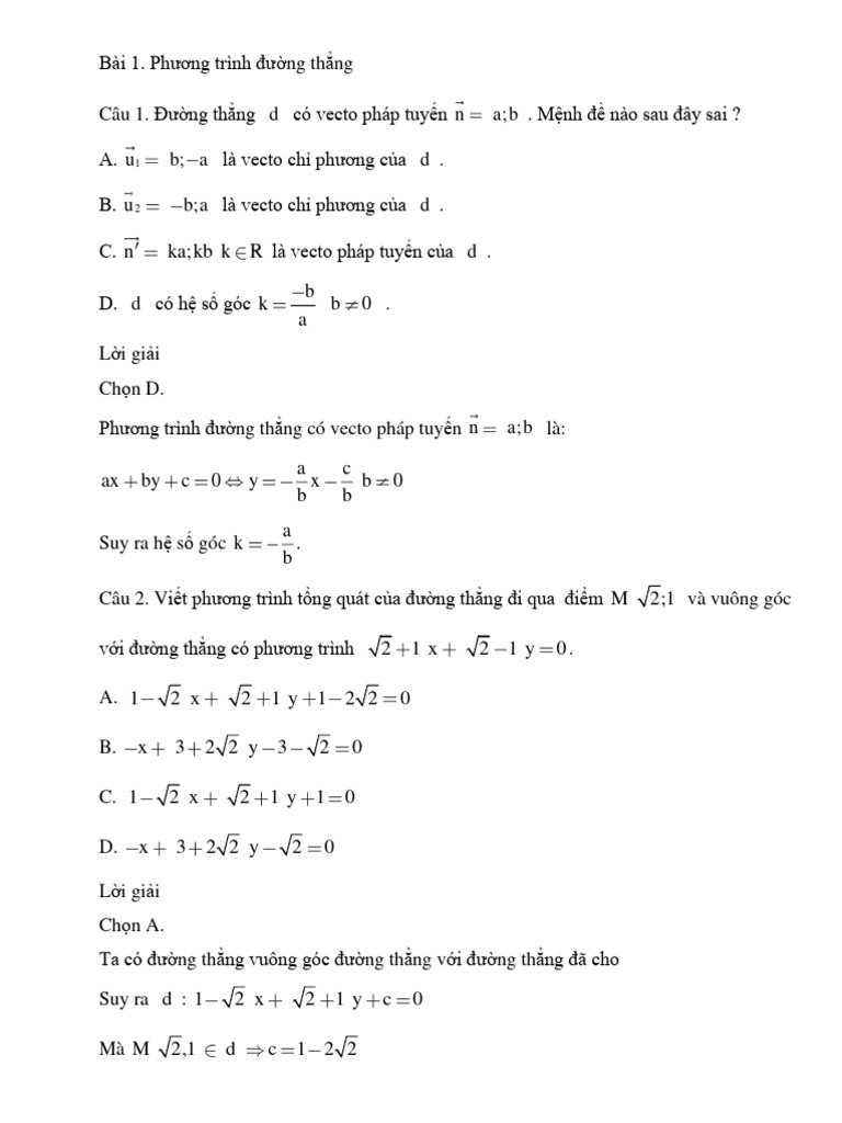 Trac Nghiem Phuong Trinh Duong Thang Co Dap An Toan Lop 10 | PDF