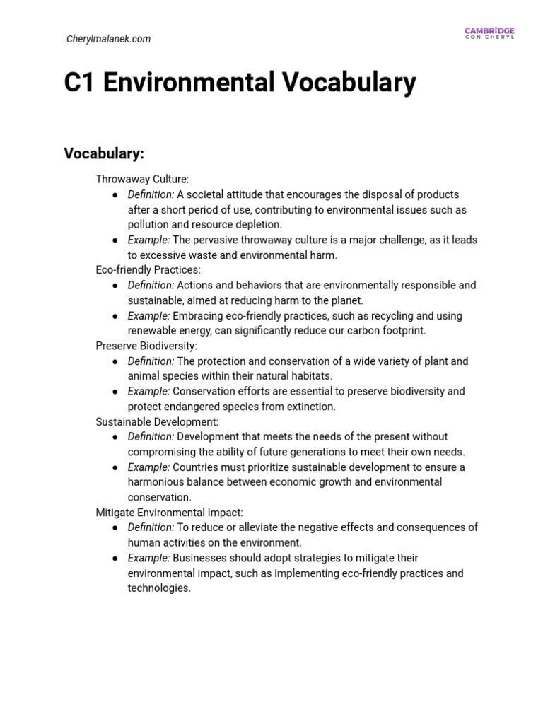 C1 Environmental Vocabulary Guide | PDF | Sustainability | Human Impact ...