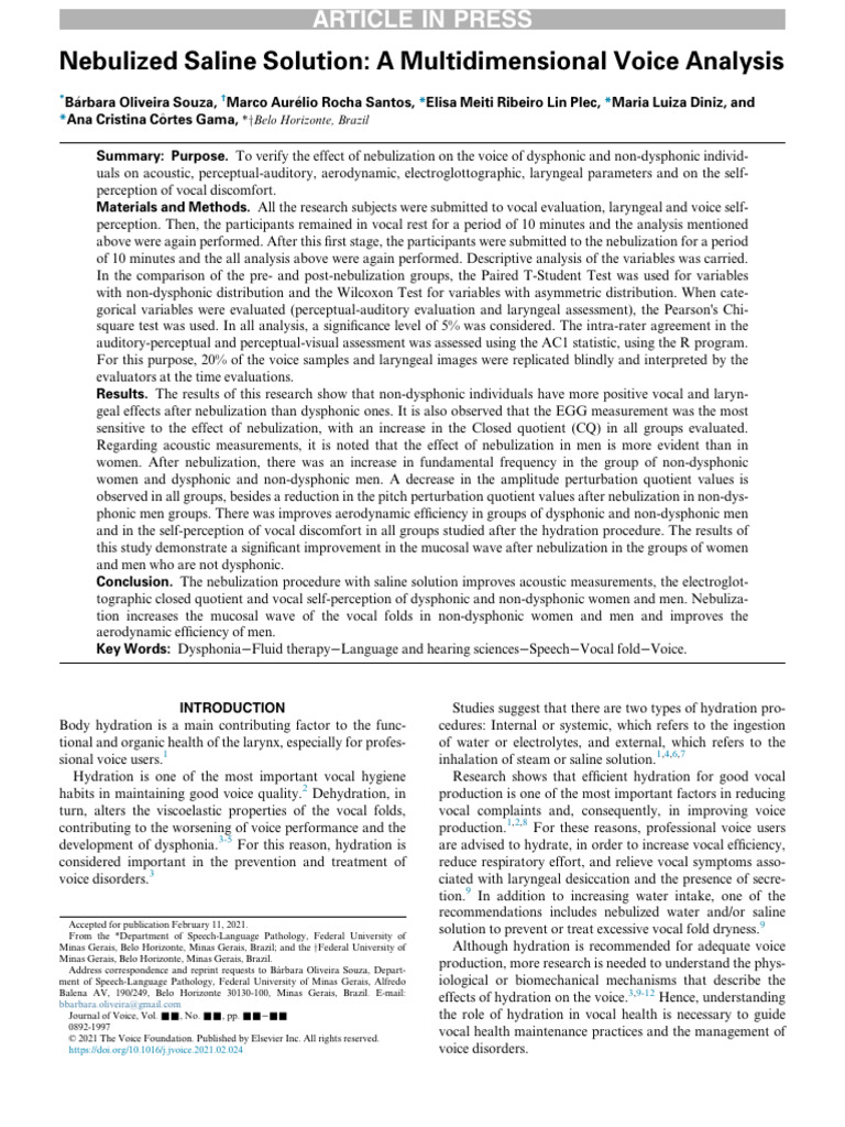 Nebulized Saline Solution- A Multidimensional Voice Analysis | PDF | Human Voice | Human Throat